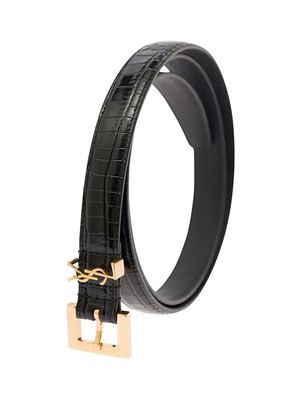 Saint Laurent Thin Cassandre Crocodile-embossed Leather Belt
