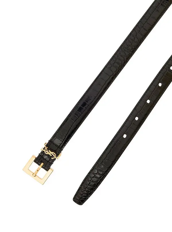 Saint Laurent Thin Cassandre Crocodile-embossed Leather Belt