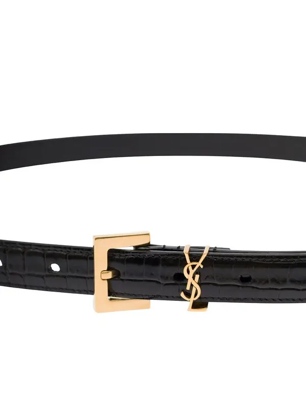 Saint Laurent Thin Cassandre Crocodile-embossed Leather Belt