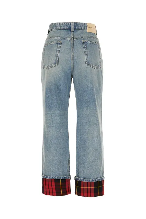 Alexander McQueen Wide Leg Jeans With Tartan Cuff - Multicolor