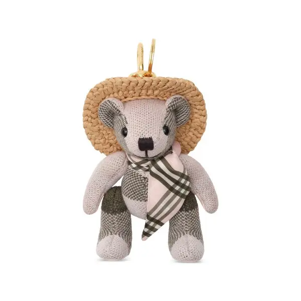 Burberry Teddy Charm With Check Scarf And Raffia Hat - Pink