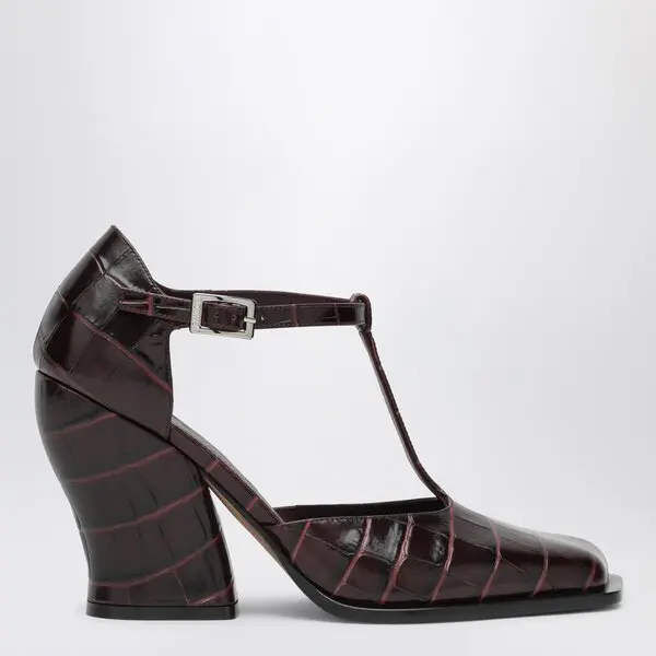 Loewe Burgundy Embossed Crocodile Effect Calfskin T-bar Pumps - Red