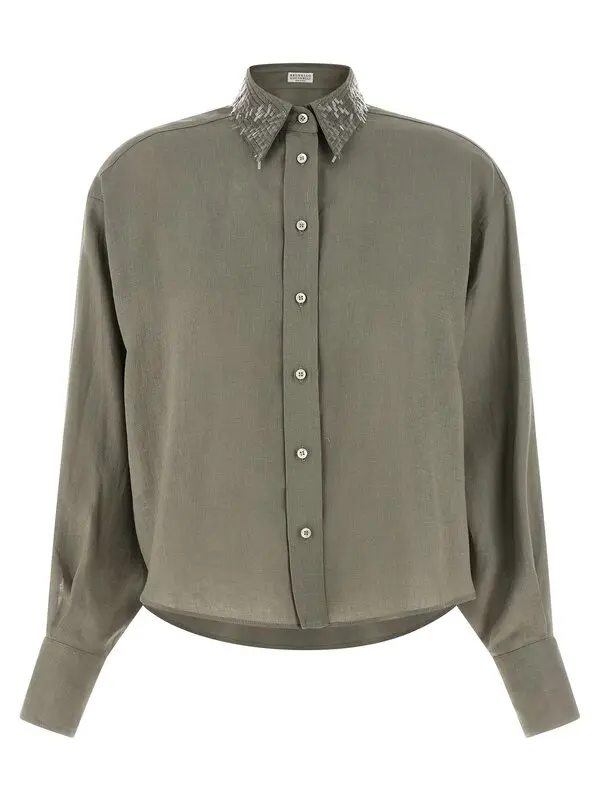 Brunello Cucinelli Linen Shirt With Sequin Collar - Green