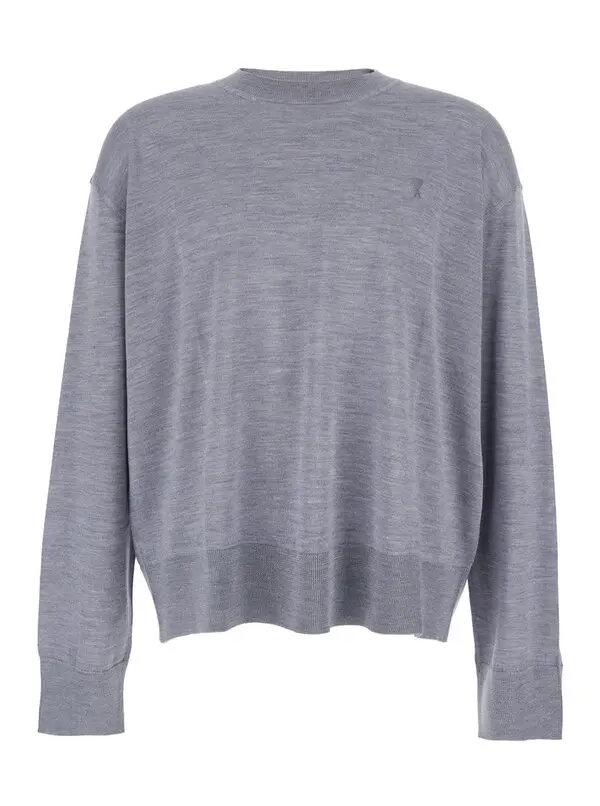 AMI Paris Grey Wool Crew Neck Sweater With Embroidered Logo - Multicolor