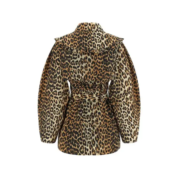 GANNI Leopard Print Trench Coat With Removable Ruffle Lapel - Brown