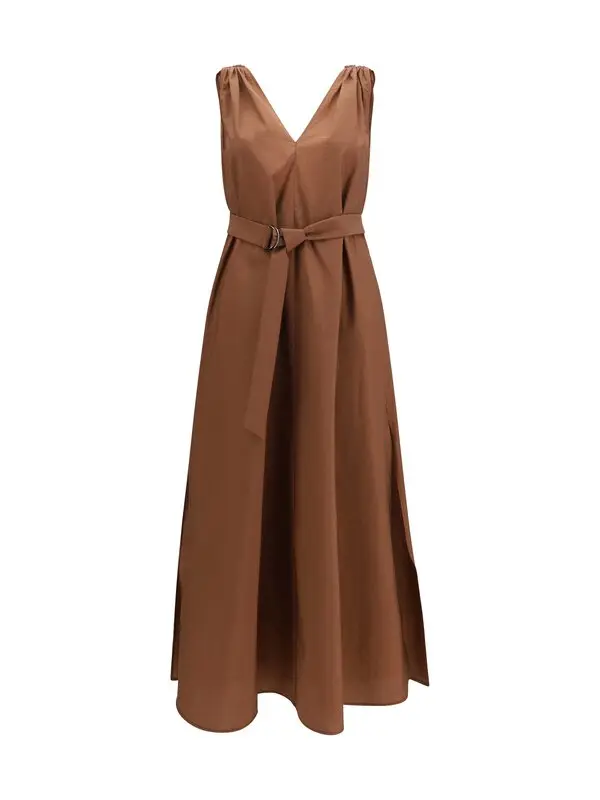 Brunello Cucinelli Cotton Poplin Dress With Embellished Shoulder Detail - Brown