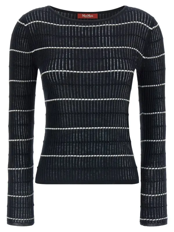Max Mara Flat Ribbed Wool And Silk Sweater With Contrast Stripes - Blue