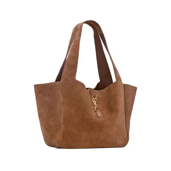 Saint Laurent Suede Tote Bag With Cassandre Logo Plaque - Brown