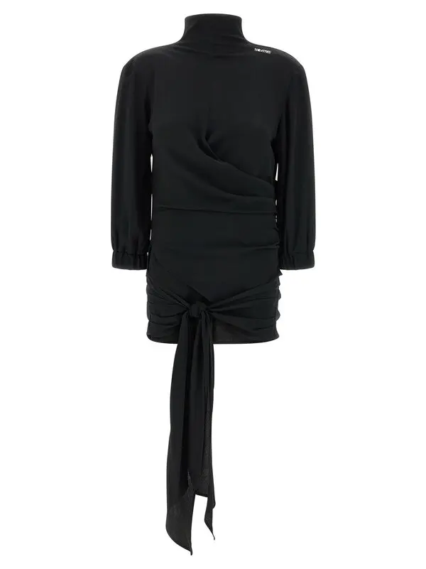 Attico Sash Detail High Neck 3/4 Sleeve Top - Black