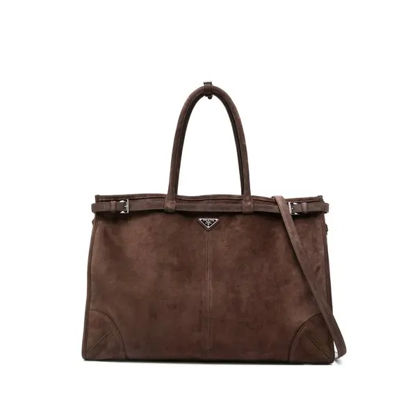 Prada Suede Tote Bag With Metal Logo - Brown
