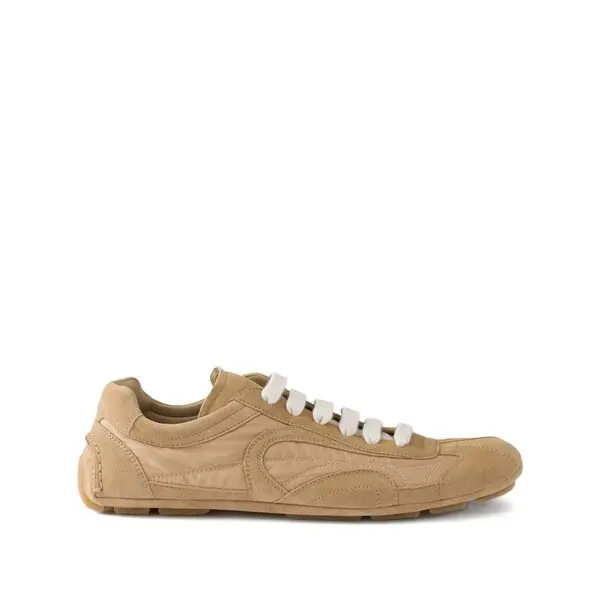 Prada Lace Up Suede And Recycled Polyamide Sneakers - Cream