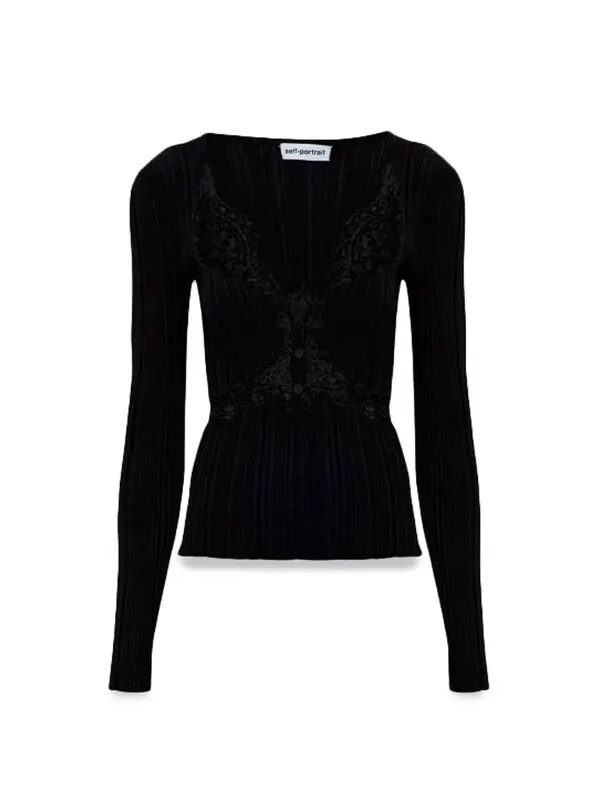 SELF-PORTRAIT Lace Trimmed Ribbed Knit Top - Multicolor