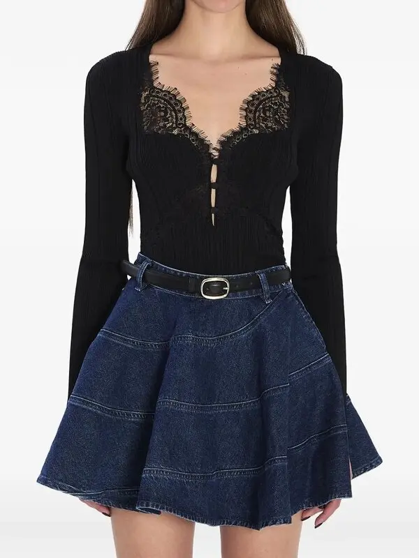 SELF-PORTRAIT Lace Trimmed Ribbed Knit Top - Multicolor