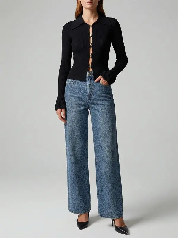 SELF-PORTRAIT Ribbed Button-front Knit Top