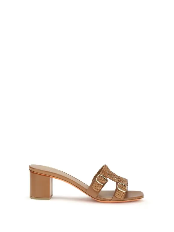 Santoni Woven Leather Block Heel Sandals - Cream