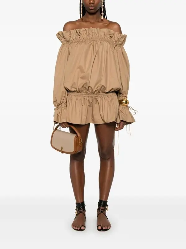 Saint Laurent Off-shoulder Cotton Dress With Ruffle Detail