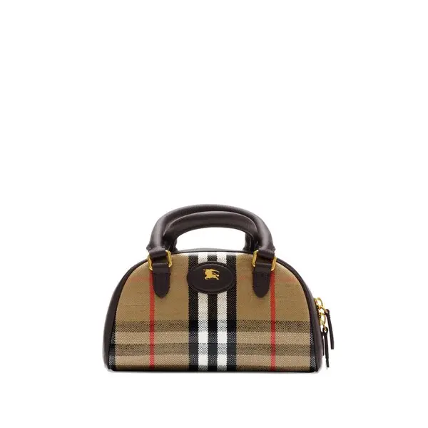 Burberry Check Coated Cotton Blend Bowling Bag With Leather Trim - Cream