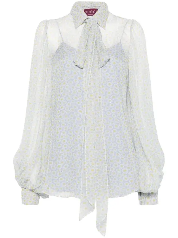Gucci Silk Shirt With Pussy Bow And Floral Print - Multicolor