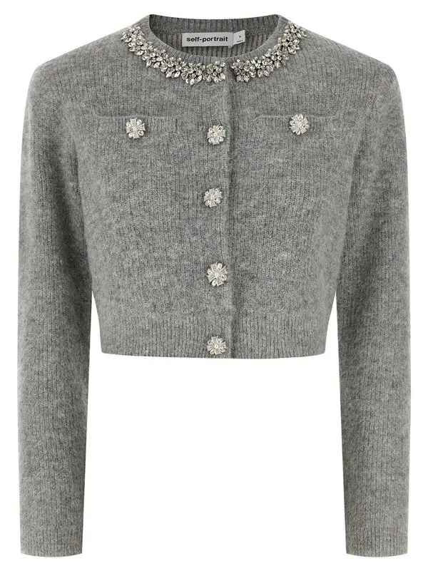 SELF-PORTRAIT Grey Fluffy Crystal Trim Alpaca & Wool Blend Cardigan - Gray