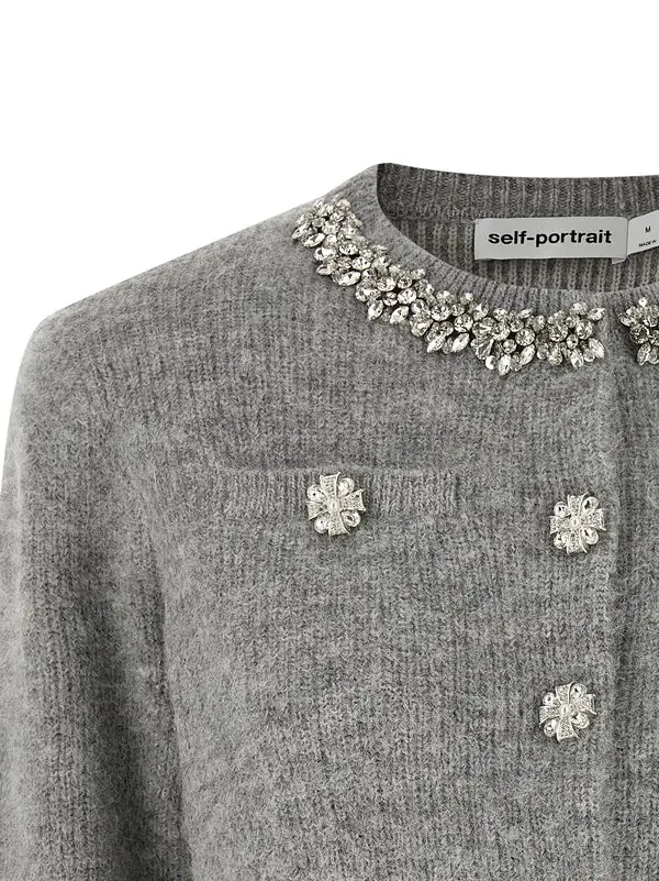 SELF-PORTRAIT Grey Fluffy Crystal Trim Alpaca & Wool Blend Cardigan - Gray