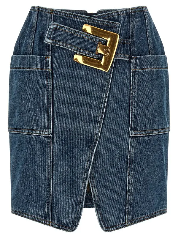 Balmain Belted Denim Skirt With Maxi Buckle Detail