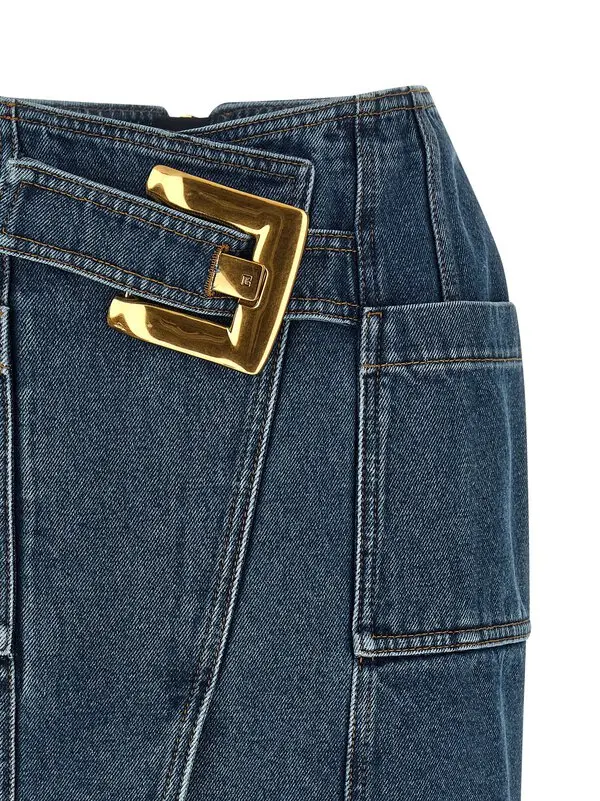 Balmain Belted Denim Skirt With Maxi Buckle Detail
