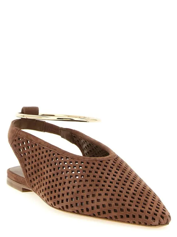 JIL SANDER Sling Back Pointed Openwork Suede Ballet Flats With Removable Metal Anklet - Brown