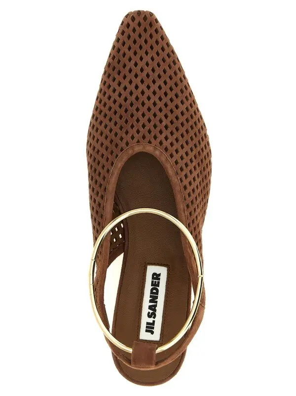 JIL SANDER Sling Back Pointed Openwork Suede Ballet Flats With Removable Metal Anklet - Brown