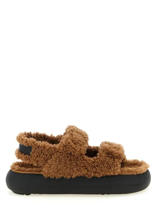 Moon Boot Shearling Sandals With Embossed Logo - Brown