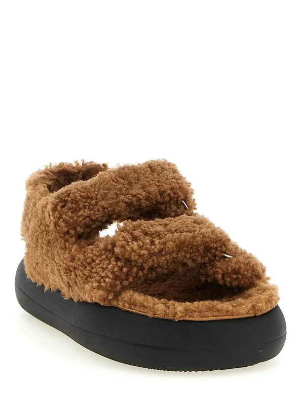 Moon Boot Shearling Sandals With Embossed Logo - Brown