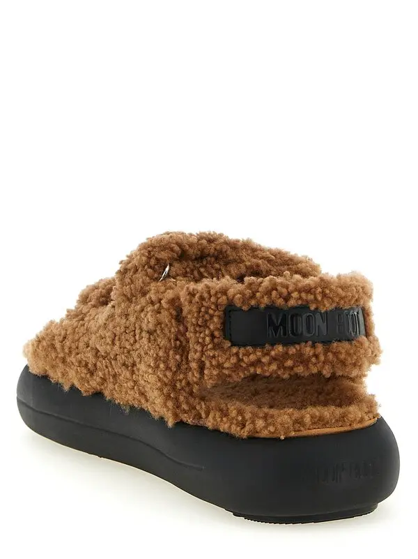 Moon Boot Shearling Sandals With Embossed Logo - Brown