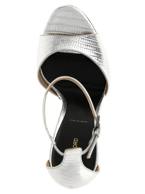 TOM FORD Tejus Snake Print Metallic Leather Stiletto Sandals - Silver