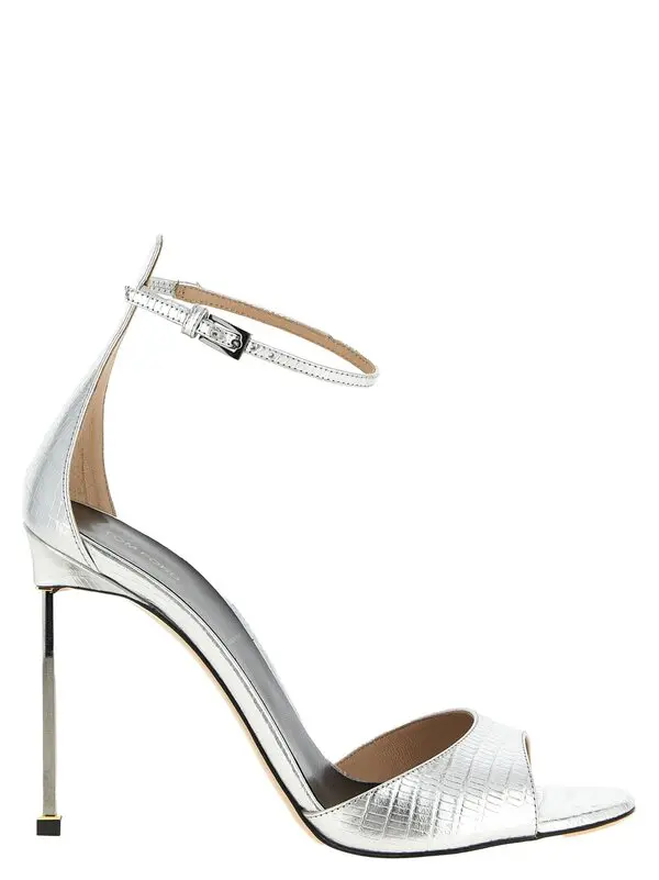 TOM FORD Tejus Snake Print Metallic Leather Stiletto Sandals - Silver