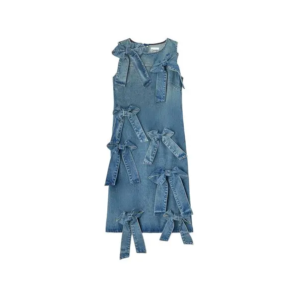 GANNI Denim Dress With Bow Detail - Blue