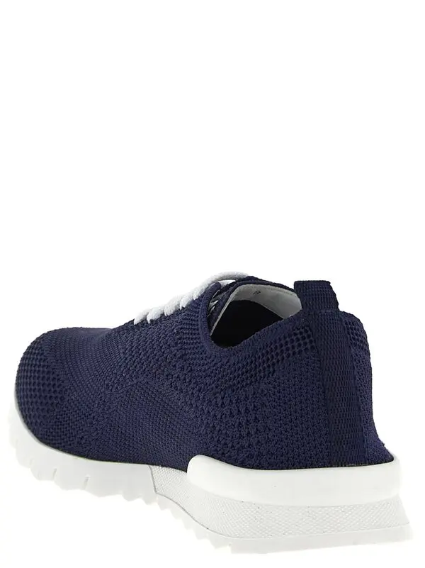 Kiton Mesh Technical Fabric Lace-up Sneakers With Embroidered Logo - Blue