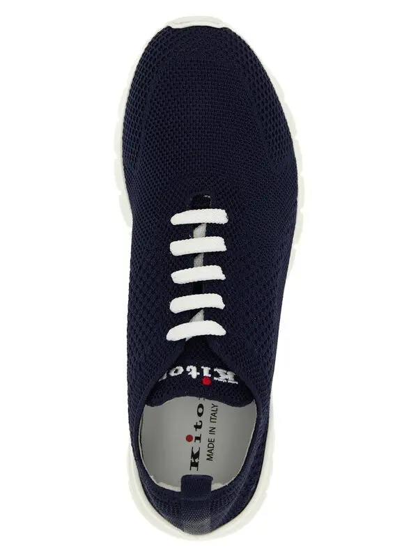 Kiton Mesh Technical Fabric Lace-up Sneakers With Embroidered Logo - Blue