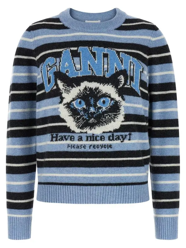 GANNI Graphic Wool Striped Sweater - Blue