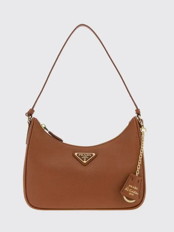 Prada Leather Handbag With Drawstring Detail - Brown