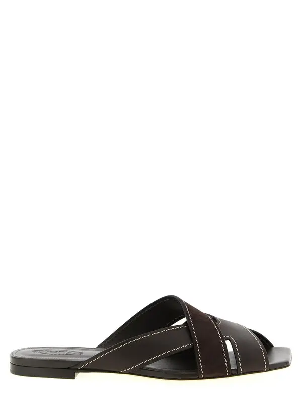 TOD'S Woven Leather And Suede Sandals With Square Toe