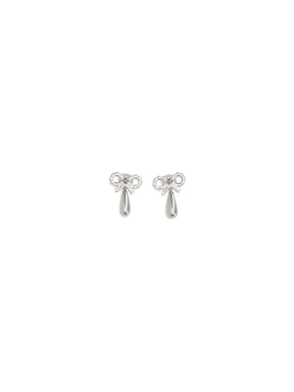 SELF-PORTRAIT Crystal Bow Pearl Drop Earrings - Silver