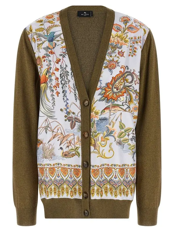 Etro Paisley Silk Insert Cotton Blend Cardigan - Green