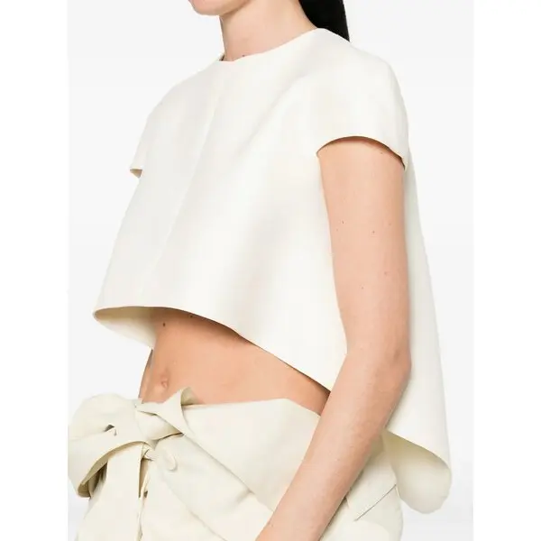 Balenciaga White Silk And Wool Blend Short Sleeve Cropped Blouse