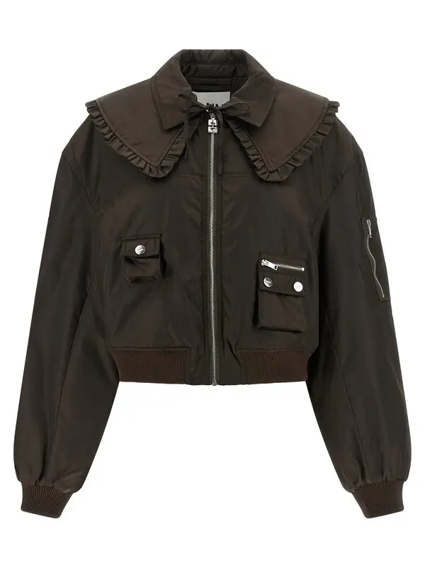 GANNI Duchesse Nylon Bomber Jacket With Removable Ruffles - Brown