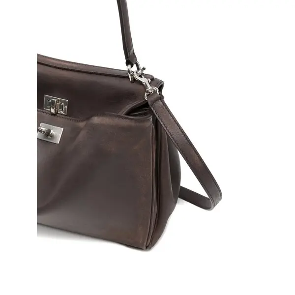 Balenciaga Dark Calf Leather Turn-lock Tote Bag - Brown