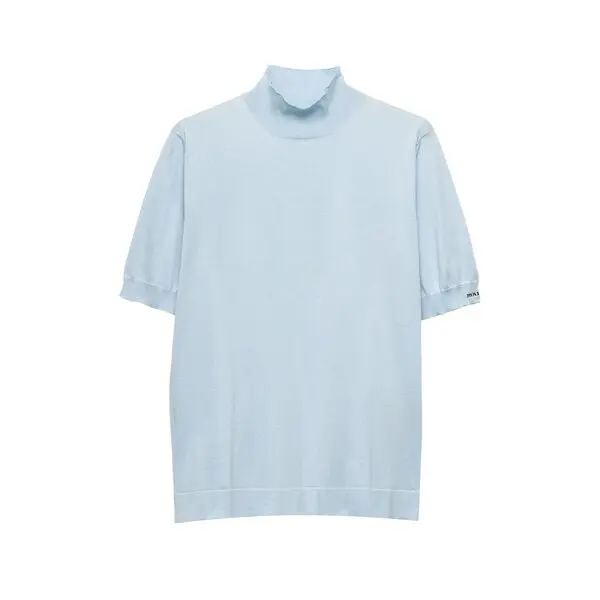 Prada Light Ribbed Knit Embroidered Logo Lettering Short Sleeve T-shirt - Blue