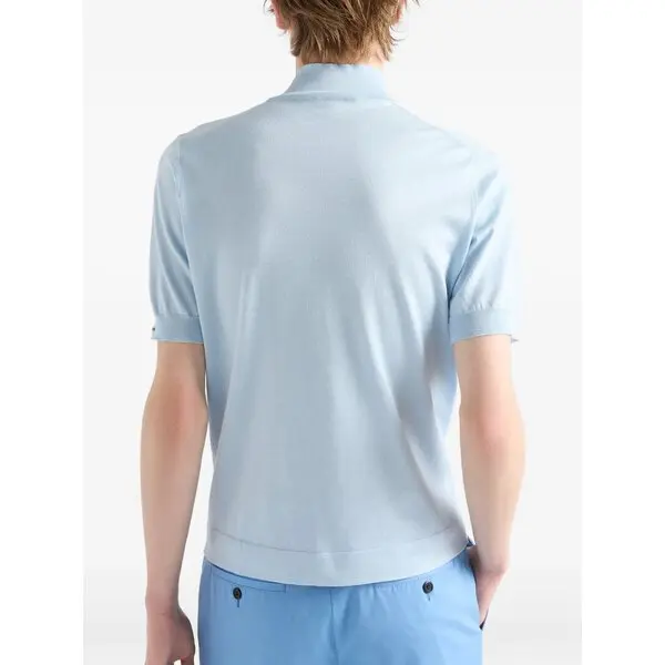 Prada Light Ribbed Knit Embroidered Logo Lettering Short Sleeve T-shirt - Blue