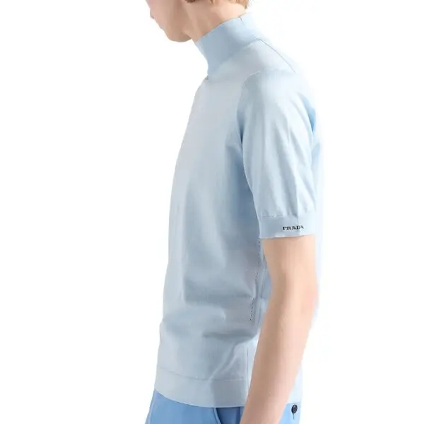 Prada Light Ribbed Knit Embroidered Logo Lettering Short Sleeve T-shirt - Blue