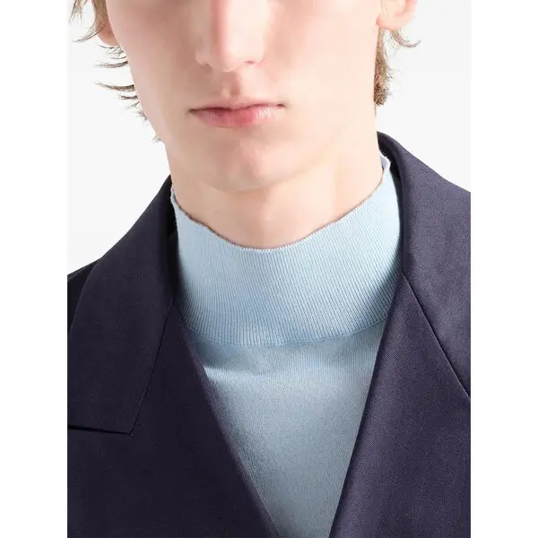 Prada Light Ribbed Knit Embroidered Logo Lettering Short Sleeve T-shirt - Blue