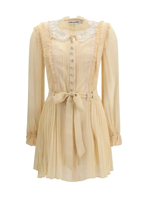 SELF-PORTRAIT Pleated Georgette Mini Dress With Embellished Collar - Multicolor