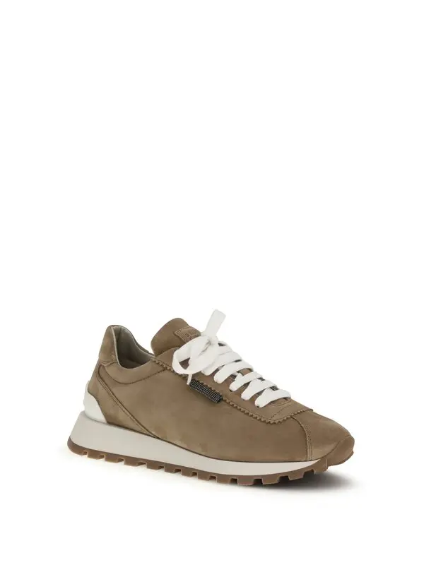 Brunello Cucinelli Suede Lace-up Sneakers With Embellished Detailing - Cream